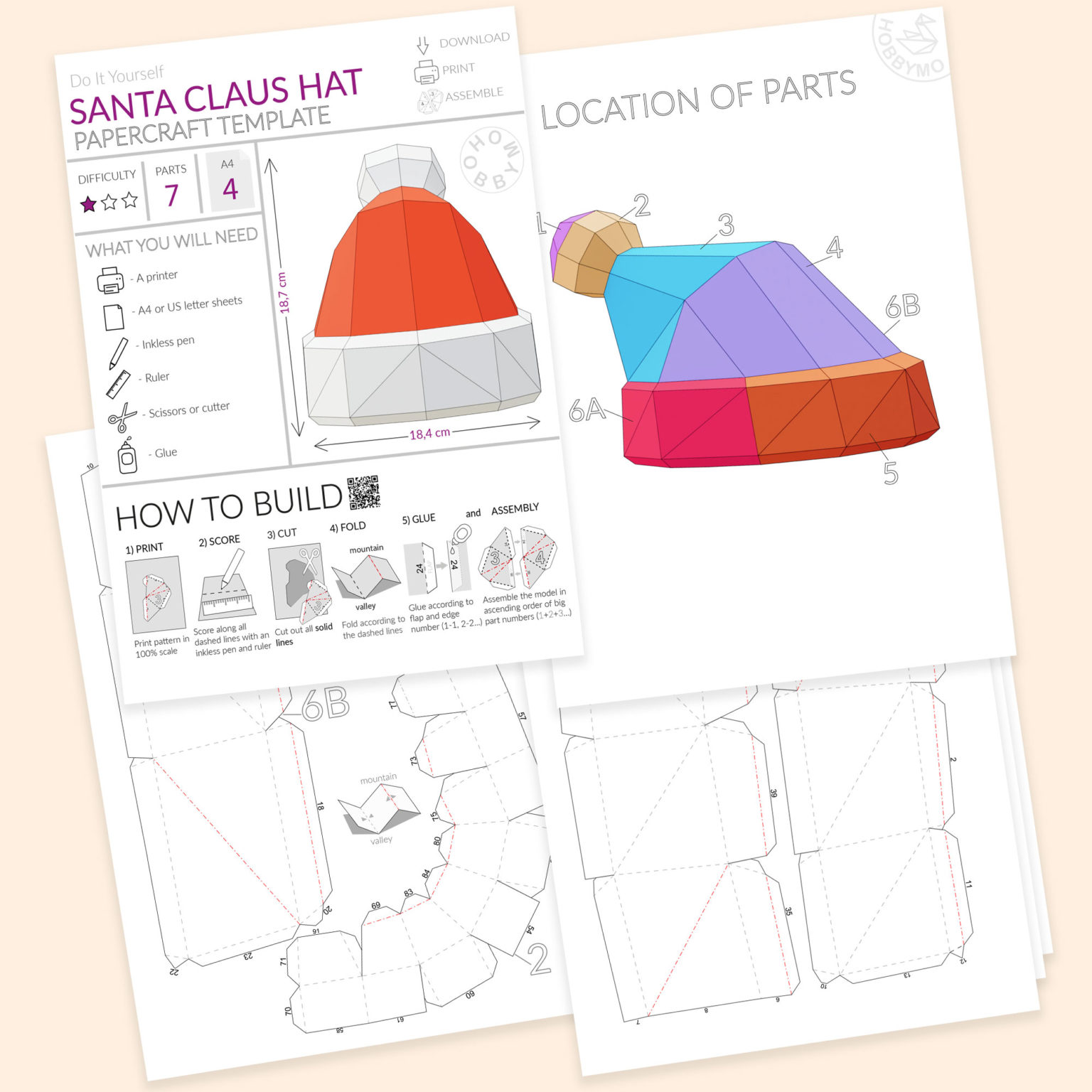 Low Poly Santa Hat, 3D papercraft template - HOBBYMO